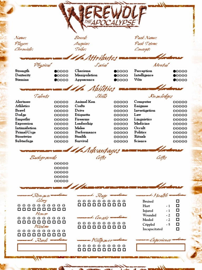 Werewolf Character Sheet