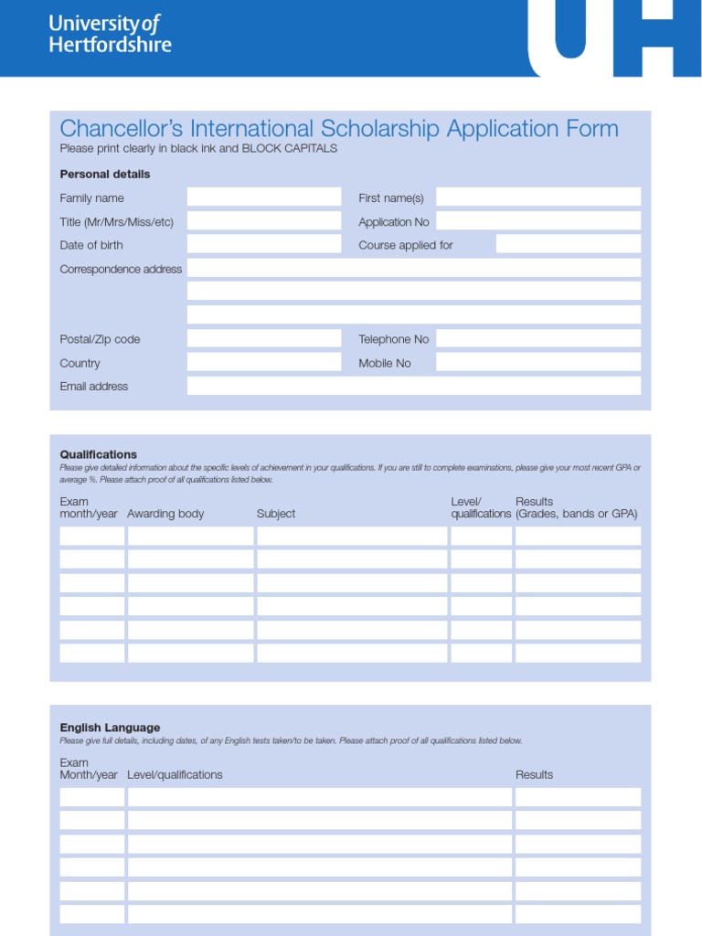 Chancellor's International Scholarship Application Form: Personal Details | PDF