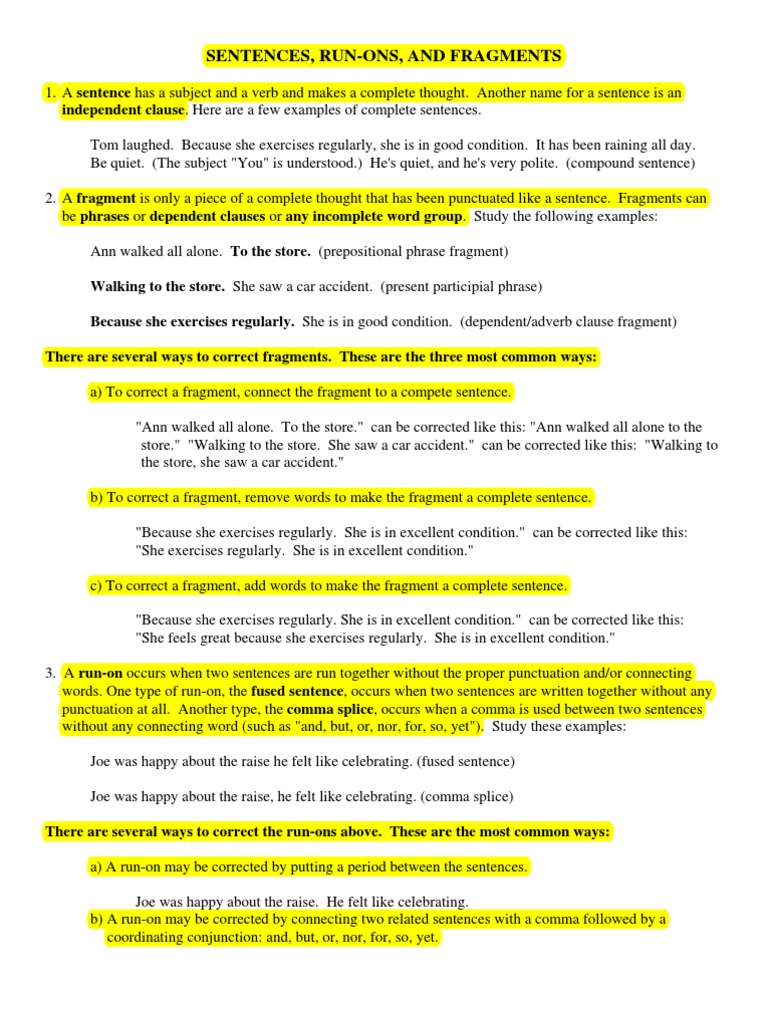 Sentences Run Ons and Fragments | PDF | Sentence (Linguistics) | Comma