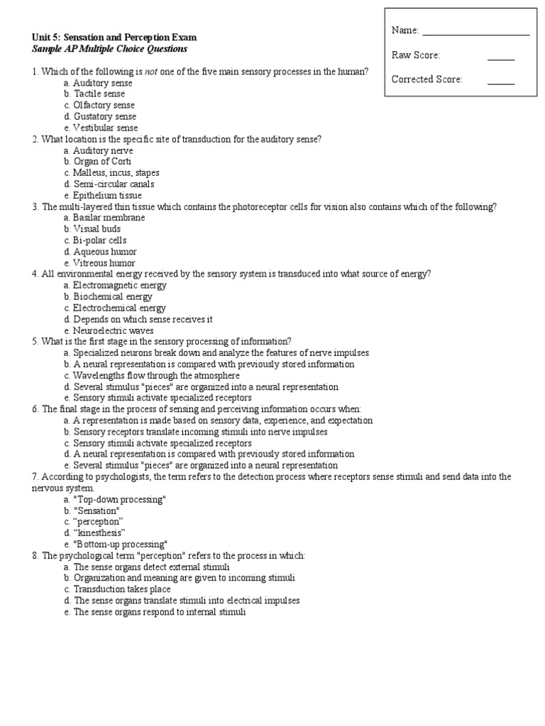 Sample AP Multiple Choice Questions: Unit 5: Sensation and Perception ...