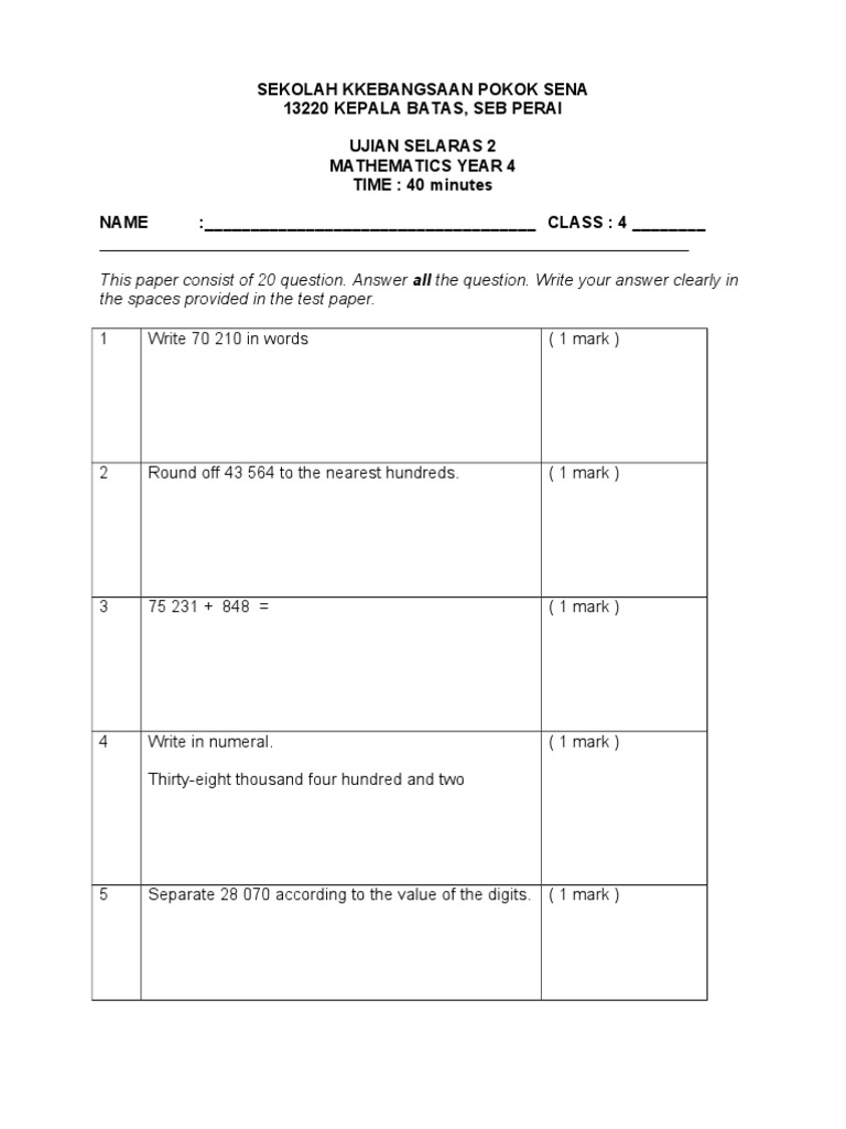 Sekolah Kkebangsaan Pokok Sena 13220 Kepala Batas, Seb Perai Ujian ...