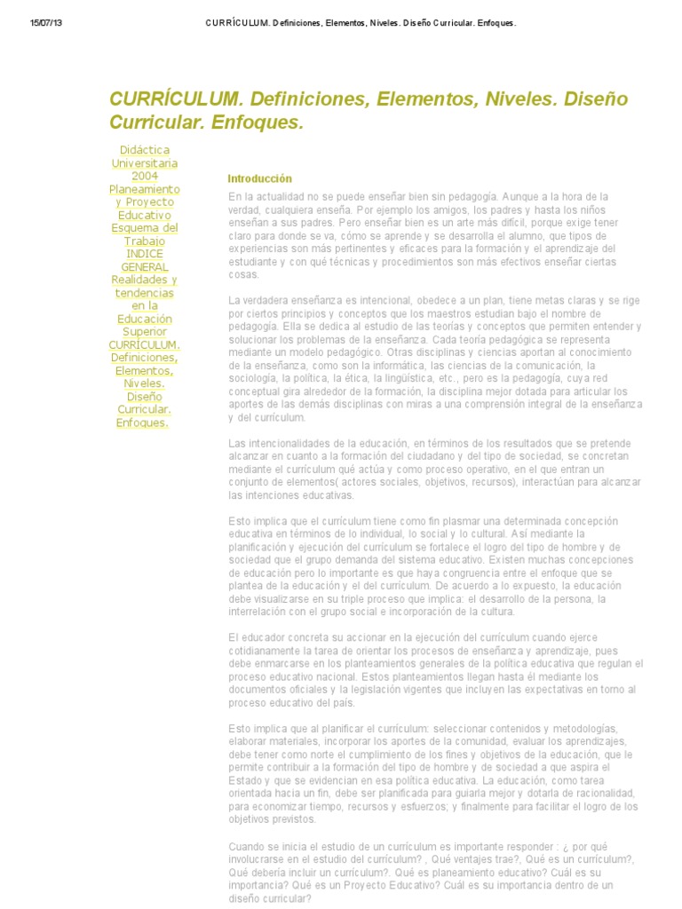 Definición y Diseño del Currículum Educativo | PDF | Plan de estudios ...