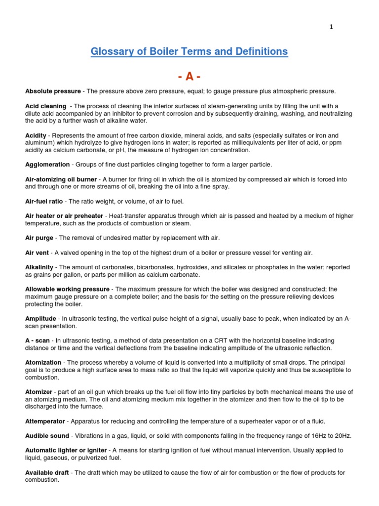 Boiler Terms and Definitions Glossary | PDF | Combustion | Boiler