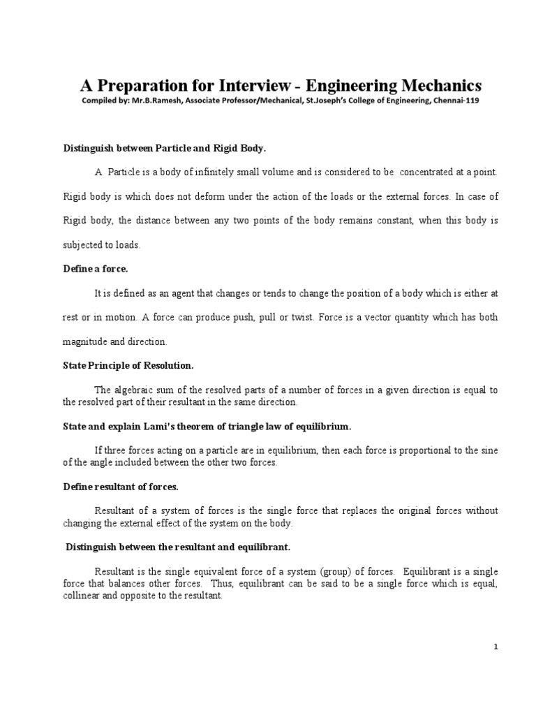 A Preparation For Interview - Engineering Mechanics | PDF