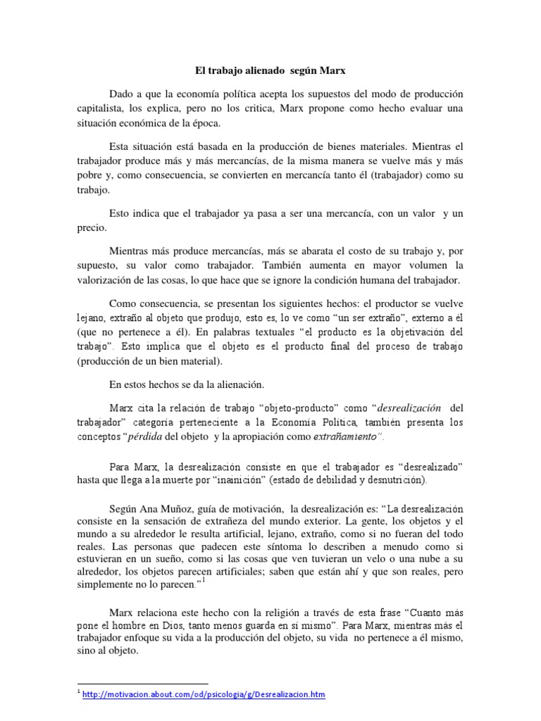 El Trabajo Alienado Según Marx | PDF | Alienación social | Karl Marx