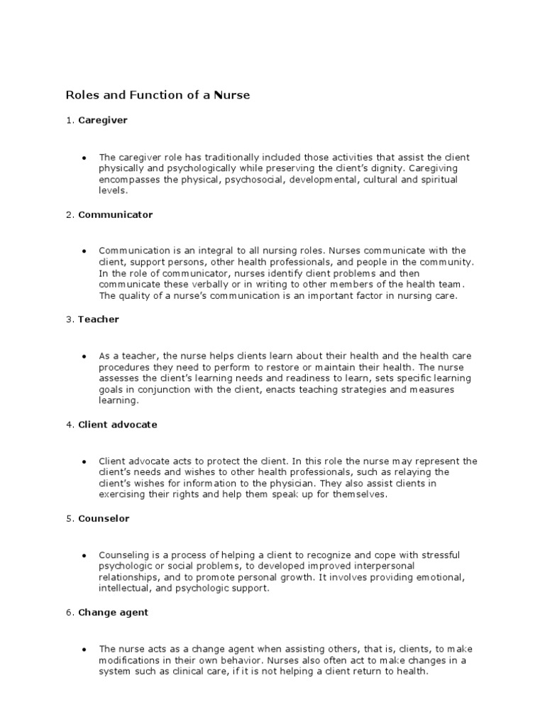 Roles and Function of A Nurse | PDF | Nursing | Caregiver