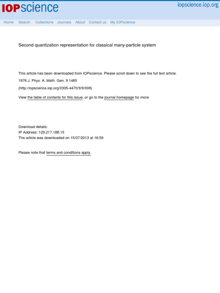 Second Quantization Representation For Classical Many Particle System Pdf Pdf Quantization