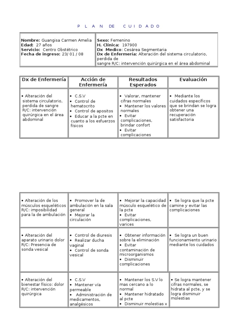 Plan de Cuidados de Cesarea | PDF | Sistema urinario | Especialidades ...