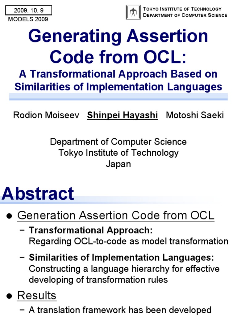 Generating Assertion Code From OCL:: A Transformational Approach Based On Similarities of ...