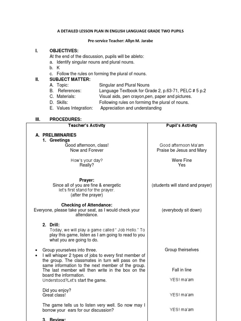 A Detailed Lesson Plan in English Language Grade Two Pupils | PDF ...
