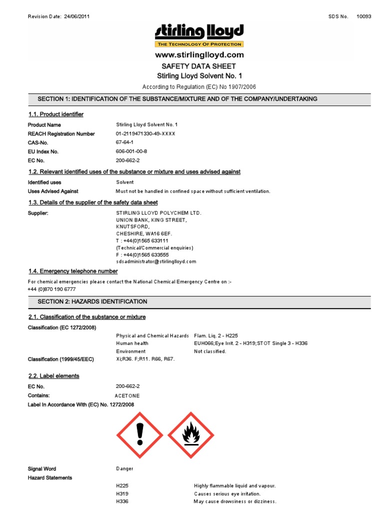 Stirling Lloyd Solvent No. 1 Safety Data Sheet | PDF | Toxicity | Fires