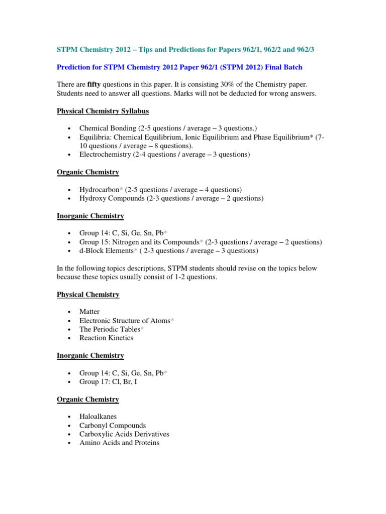 Tips STPM Chemistry 2012 | PDF | Organic Chemistry | Chemistry