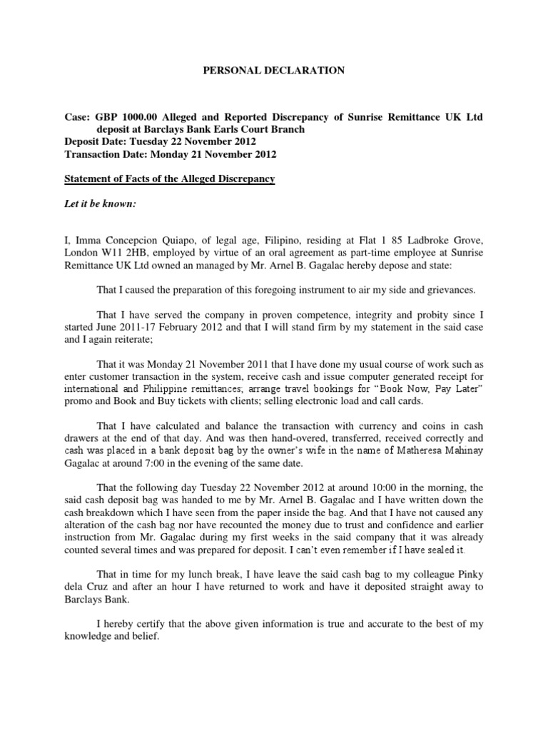 Personal Declaration | Cash | Financial Transaction