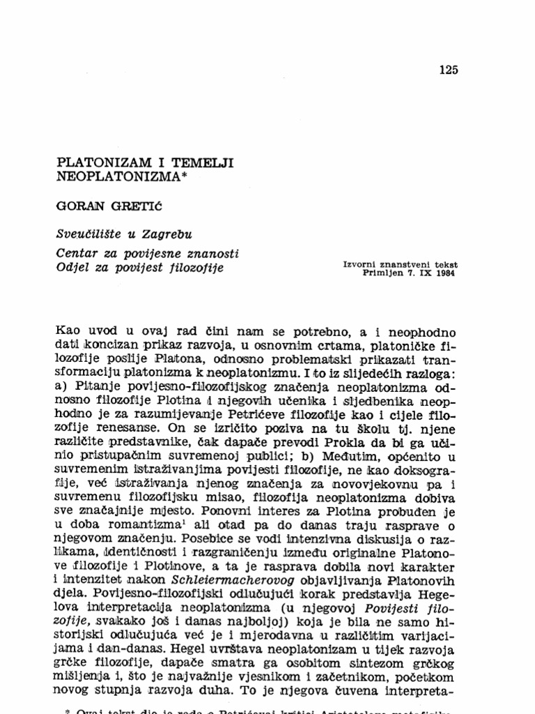 Goran Gretic Platonizam I Temelji Neoplatonizma Prilozi 1984 | PDF