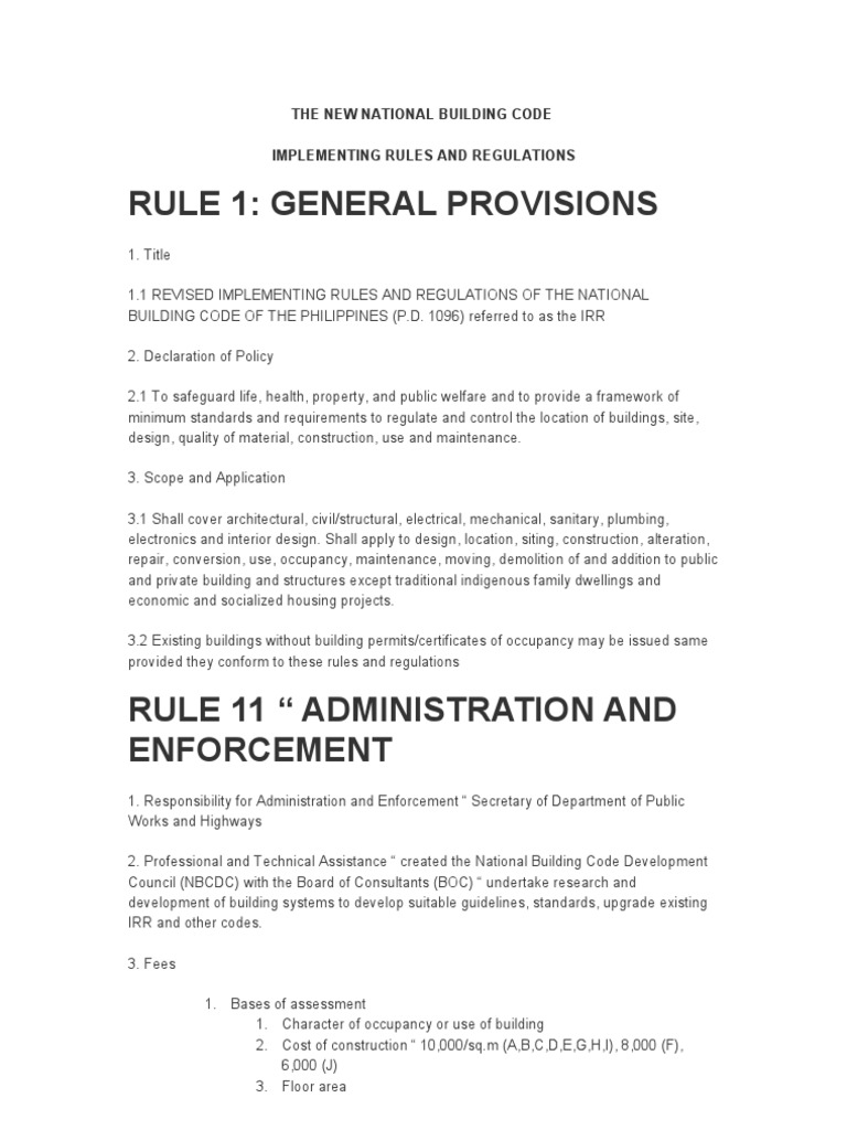 Rule 1: General Provisions: The New National Building Code Implementing ...
