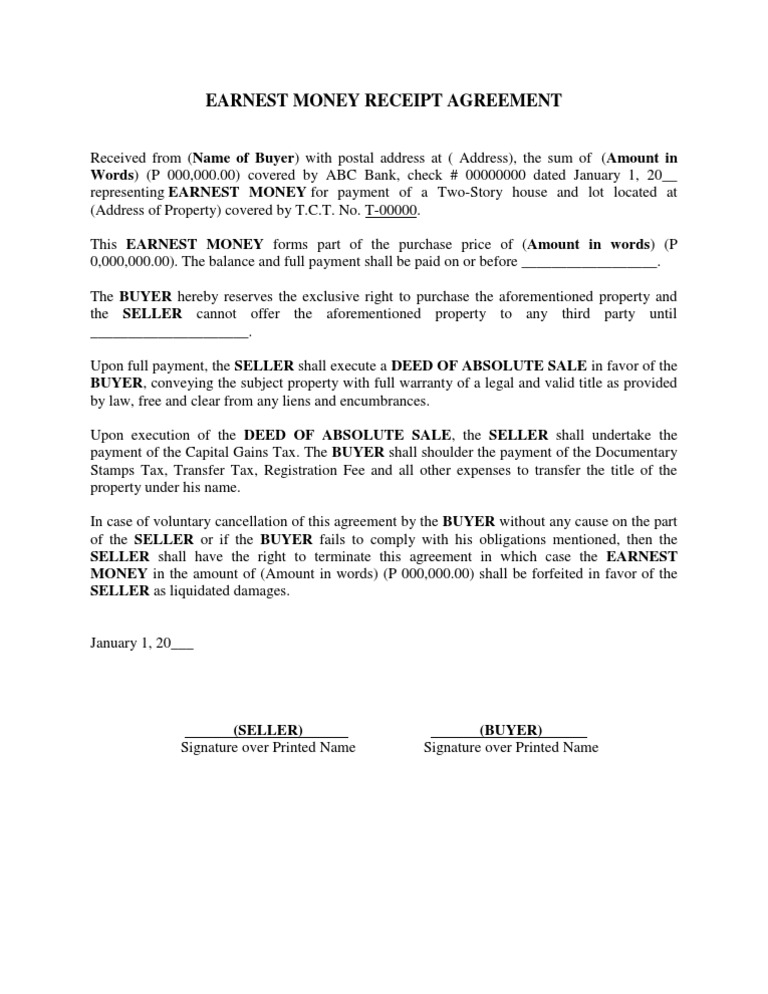 Earnest Money Receipt Agreement (Template) | PDF