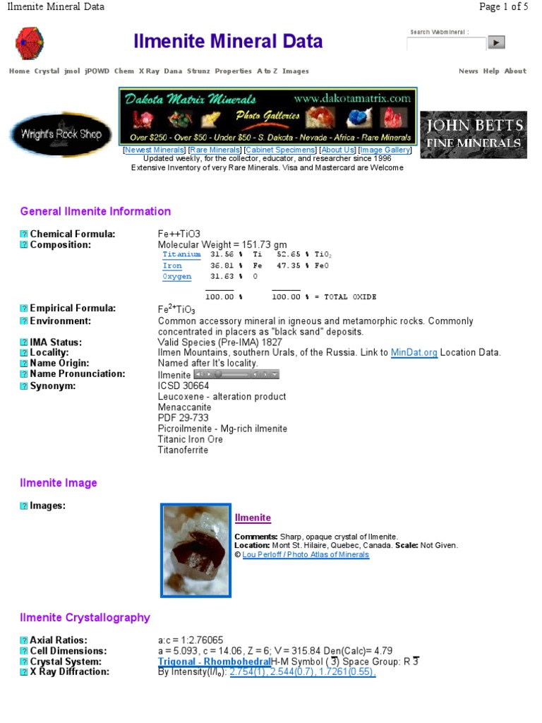 Ilmenite Mineral Data PDF | PDF | Mineralogy | Materials