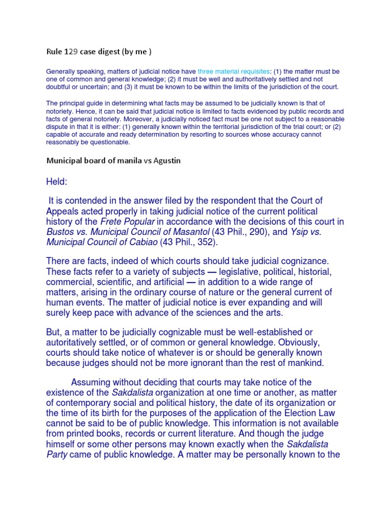 Rule 129 Case Digest | PDF | Judicial Notice | Jurisdiction
