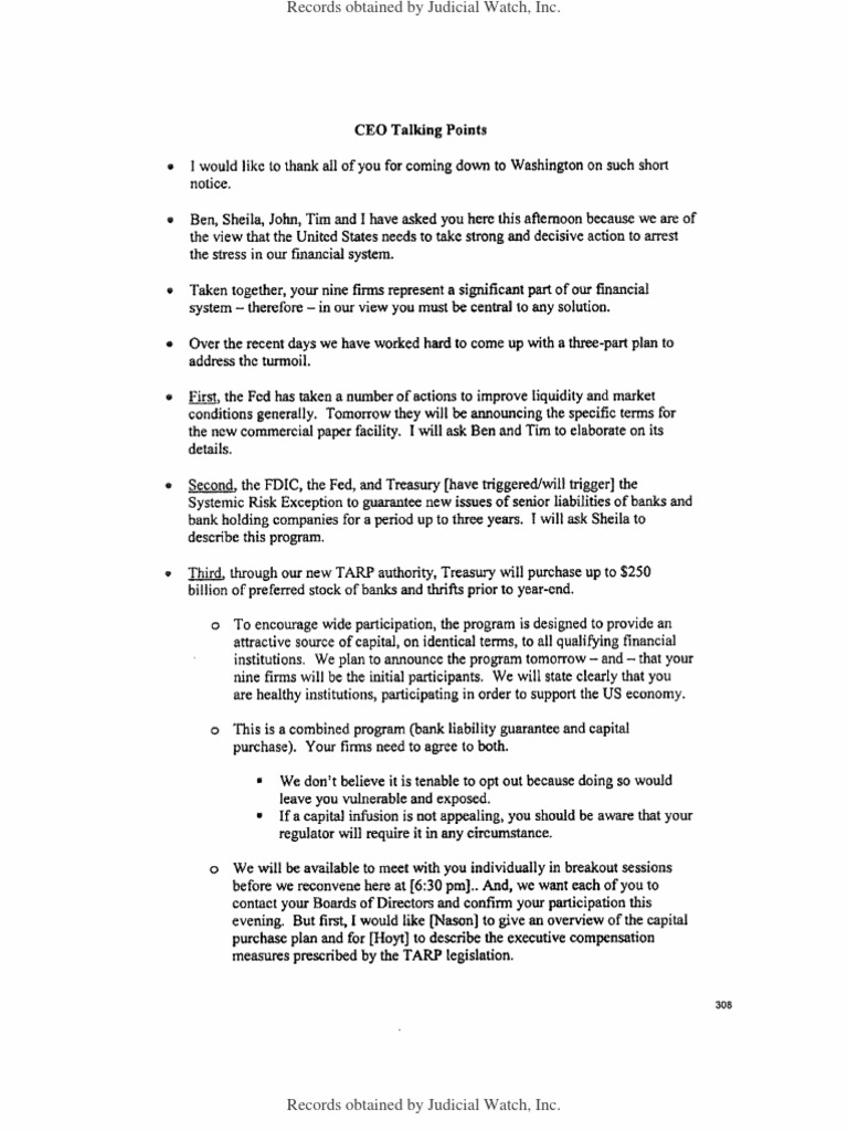 Treasury CEO Talking Points | PDF | Politics Of The United States ...