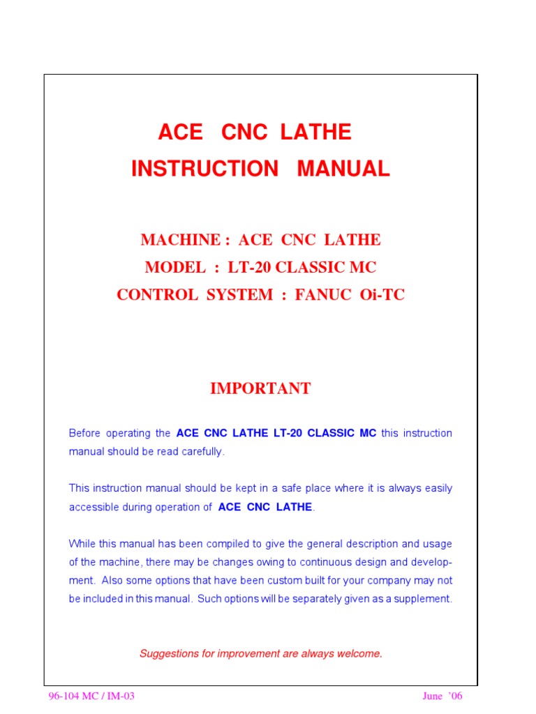 ACE LT-20 Classic CNC Lathe Manual | PDF | Numerical Control | Switch