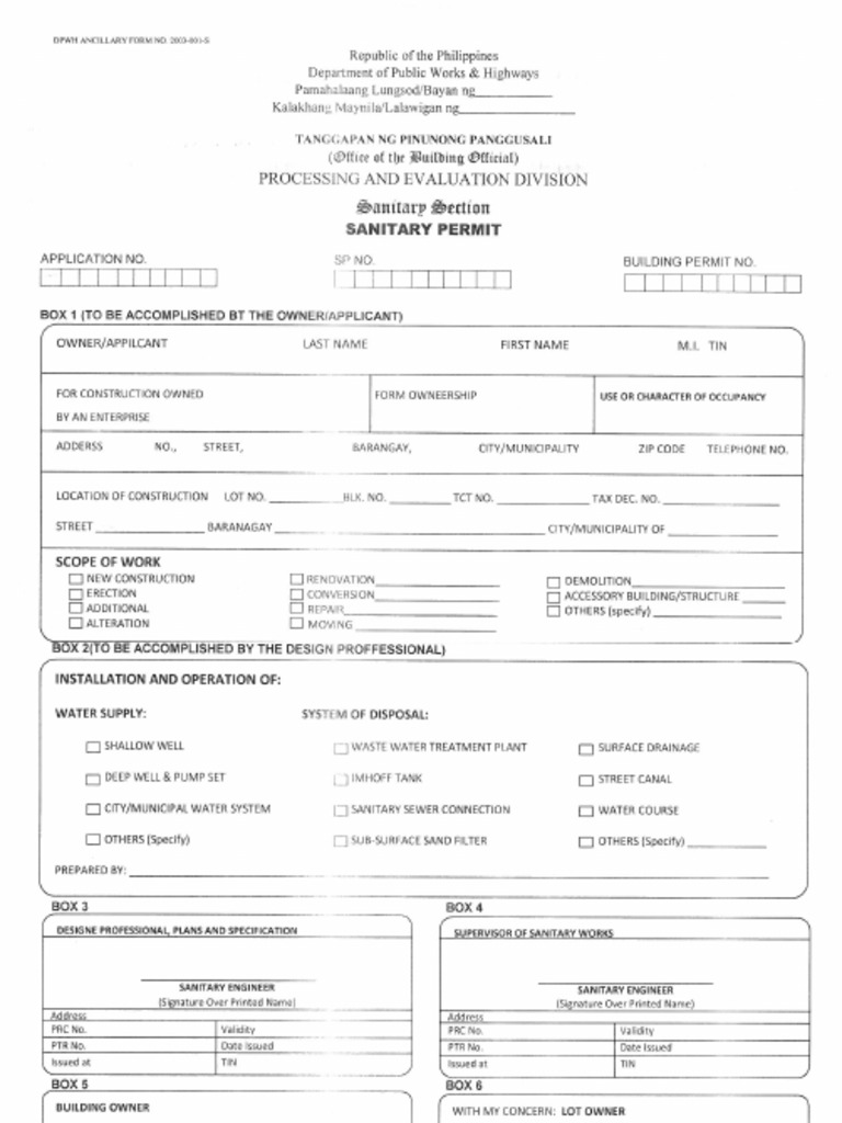 DPWH Sanitary Permit Form PDF | PDF | Sanitation | Infrastructure