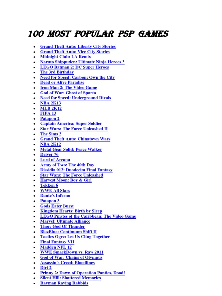 Top 100 Most Popular PSP Games | PDF | Grand Theft Auto (Series) | Lego