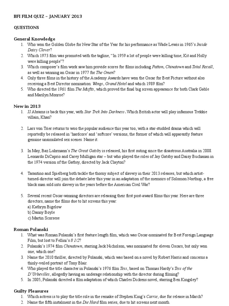 Bfi Film Quiz Questions 2013 01 PDF | PDF | Entertainment Award | Cinema