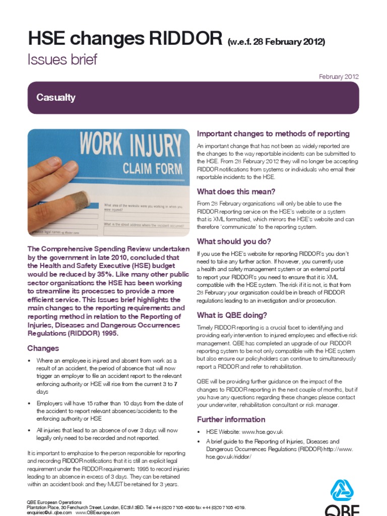 RIDDOR Reporting Changes 2012 | PDF | Insurance | Occupational Safety ...