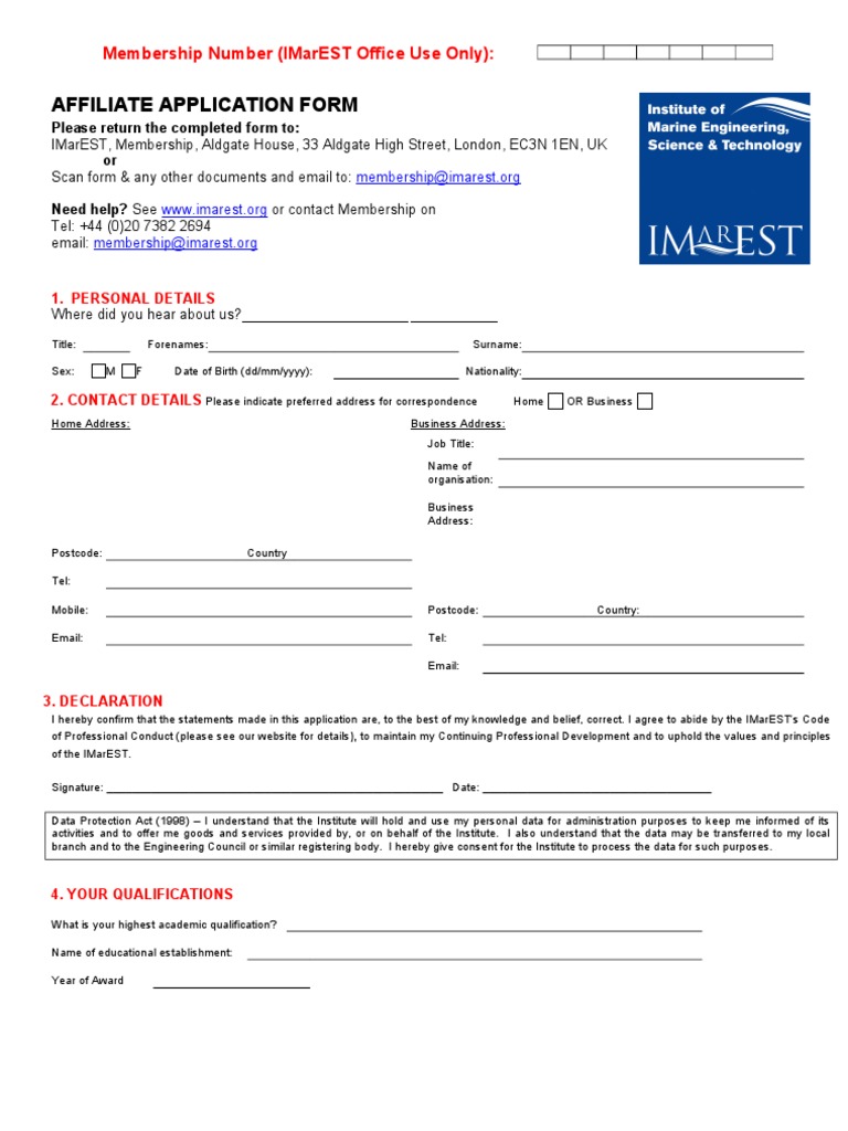 Affiliate Application Form: Membership Number (Imarest Office Use Only) | PDF | Debit Card ...