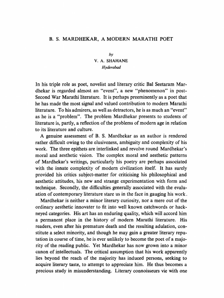 B. S. Mardhekar, A Modern Marathi Poet | Download Free PDF | Poetry ...