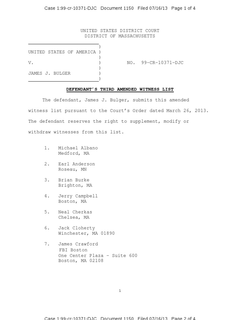 Whitey Bulger Defense's New Witness List | PDF | Boston | Whitey Bulger