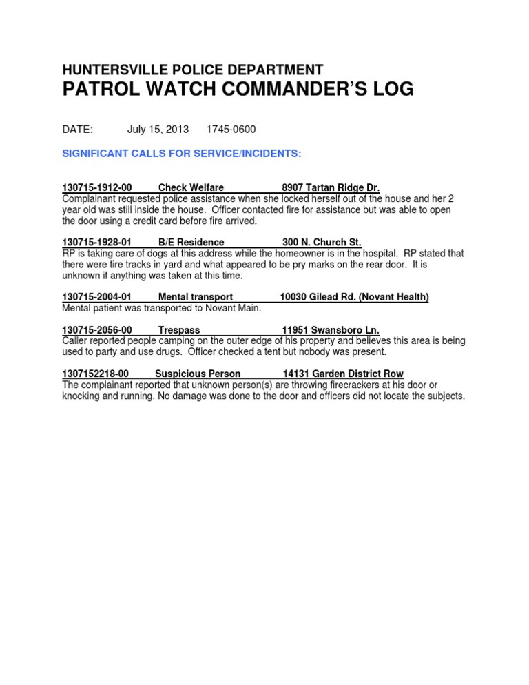 Huntersville Police Log: July 15, 2013 | PDF