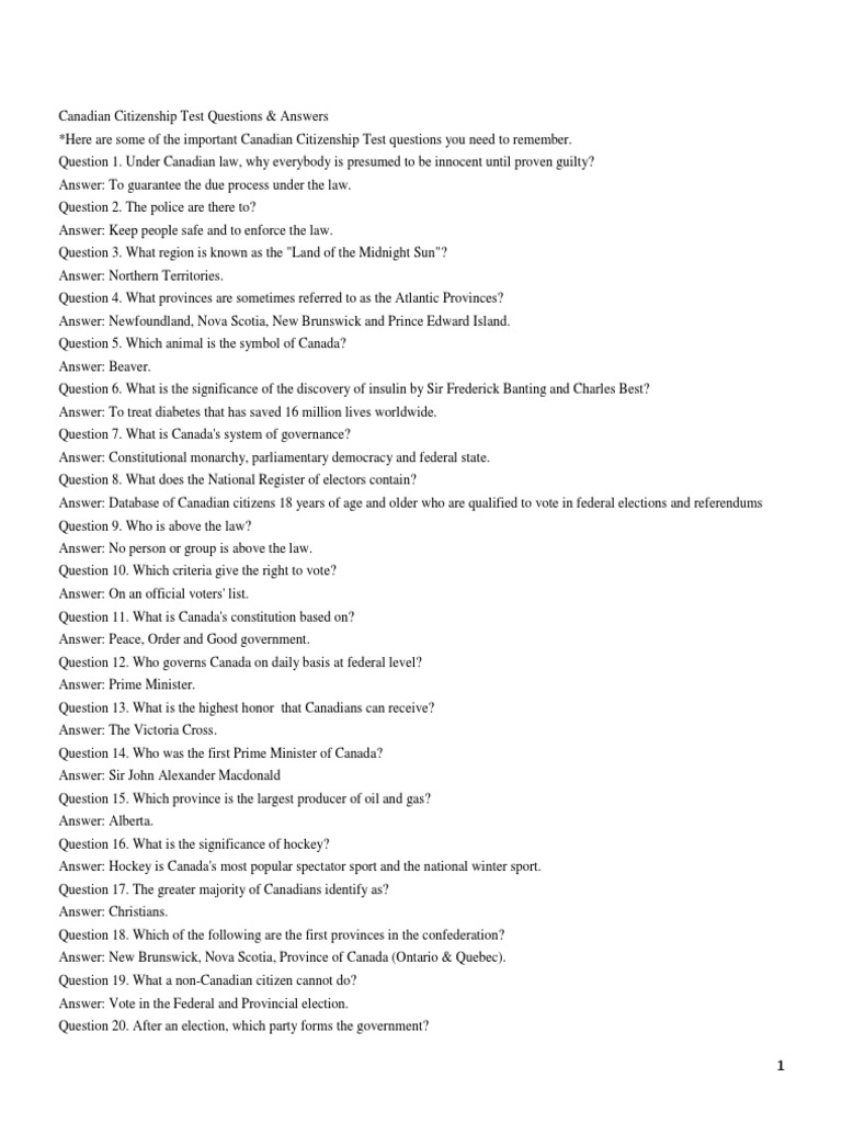 Canadian Citizenship Test Questions | PDF | Provinces And Territories ...