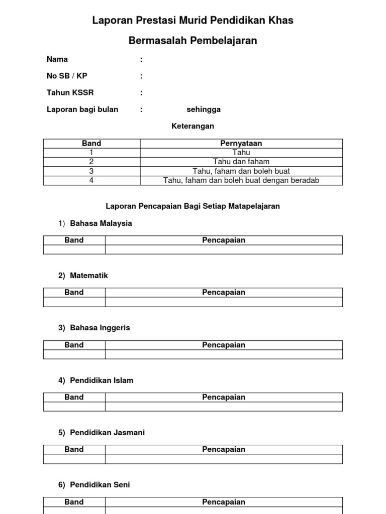 Laporan Prestasi Murid PK - Contoh | PDF