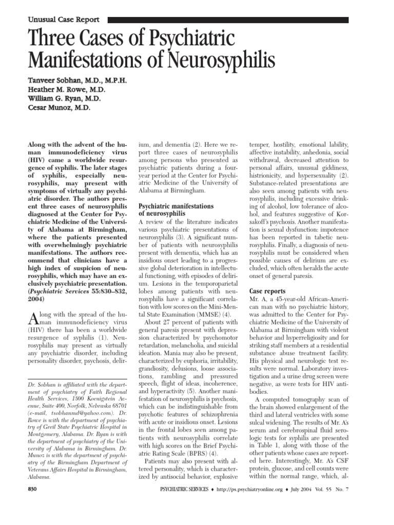 Three Cases of Neurosyphilis Presenting with Psychiatric Manifestations: Emphasizing the ...