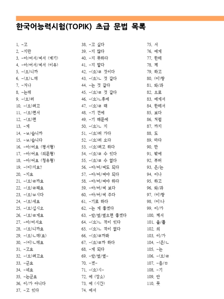TOPIK (Test of Proficiency in Korean) Elementary Grammar List