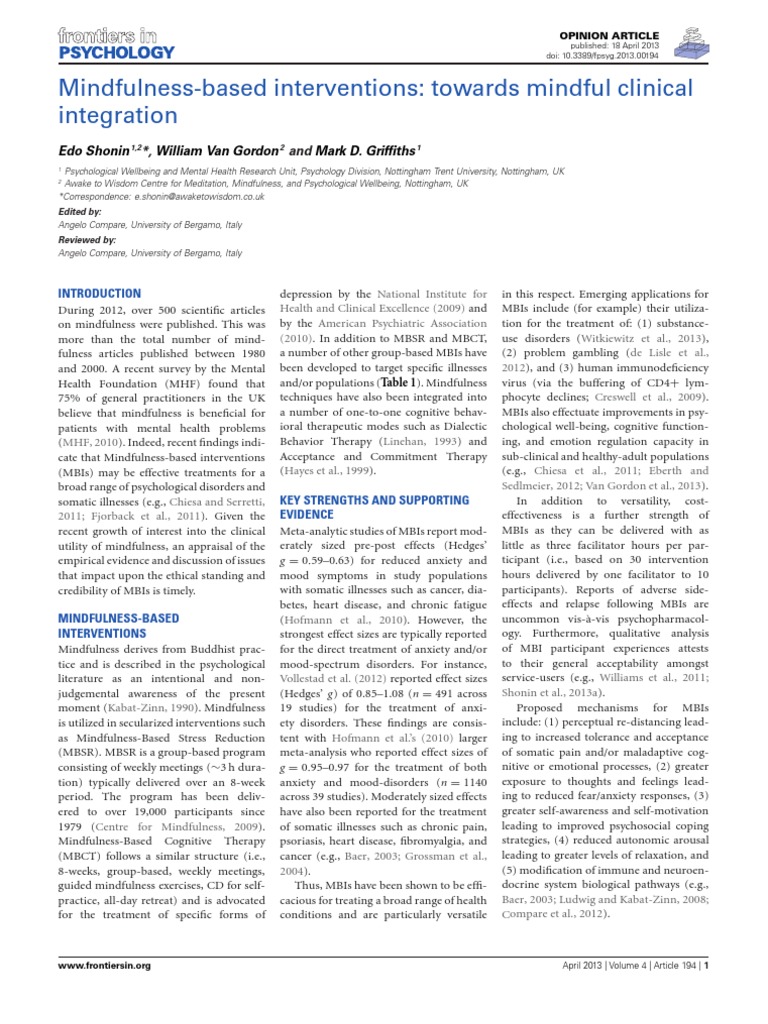 Mindfulness-Based Interventions: Towards Mindful Clinical Integration ...