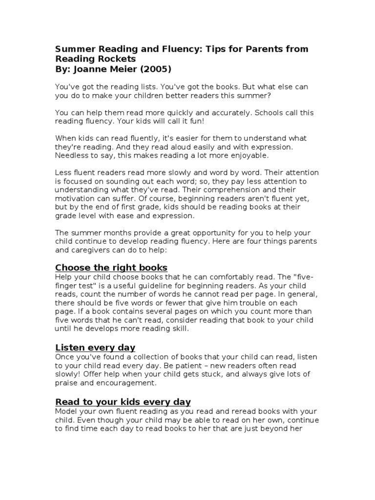 Boost Summer Reading Fluency Tips | PDF | Reading (Process) | Reading ...