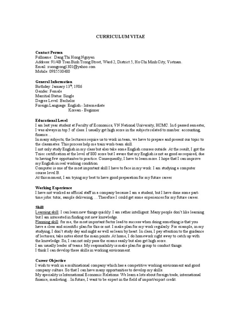 CV Apply Vào HSBC C A H NG Nguyên | PDF | Marketing | Communication