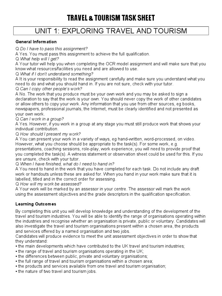 Travel & Tourism Task Sheet Unit 1: Exploring Travel and Tourism | PDF ...