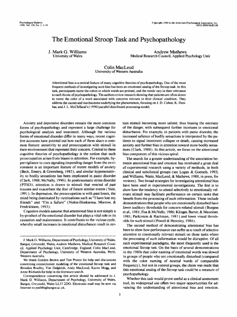 Williams Emotional Stroop Test 1996 | PDF | Anxiety | Anxiety Disorder