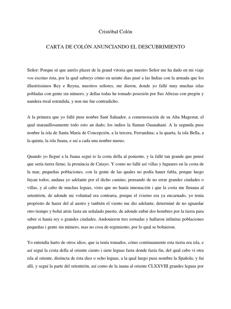 Carta de Colón sobre el descubrimiento | PDF | Cristobal colon ...