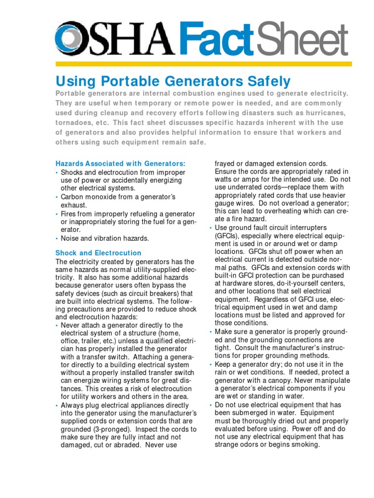 Sheet: Using Portable Generators Safely | PDF | Electric Shock ...