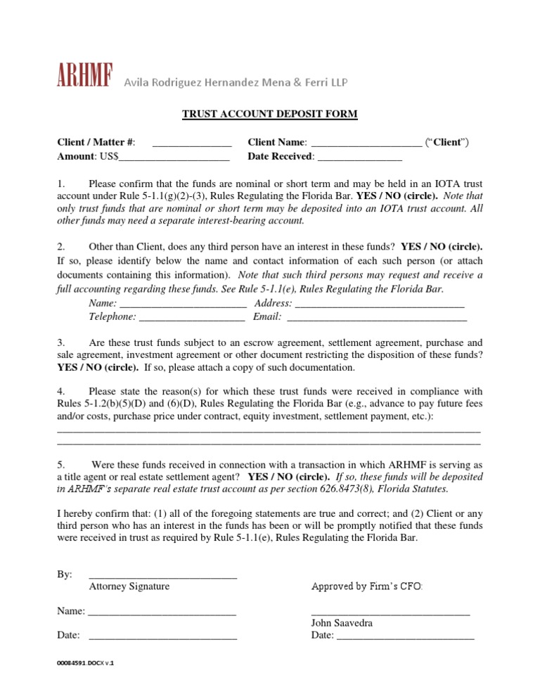 Trust Account Deposit Form | PDF | Trust Law | Deposit Account