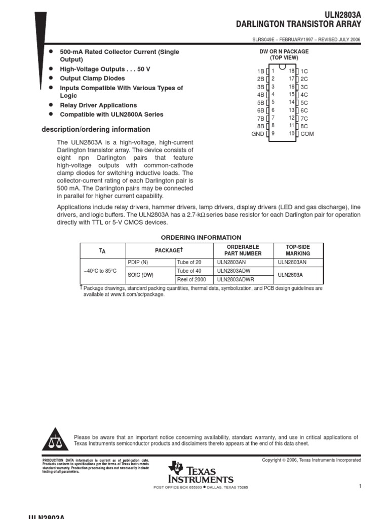 Uln 2803 A | PDF | Electronics | Electromagnetism