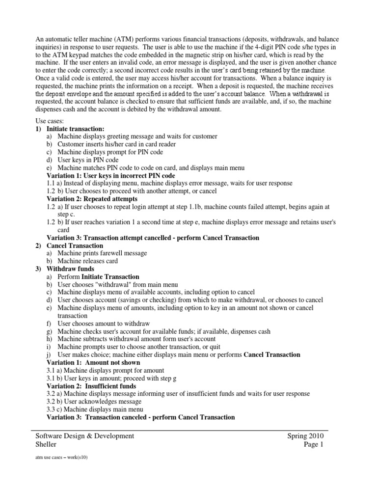 Software Design & Development Spring 2010 Sheller: Atm Use Cases - Work (s10) | Download Free ...