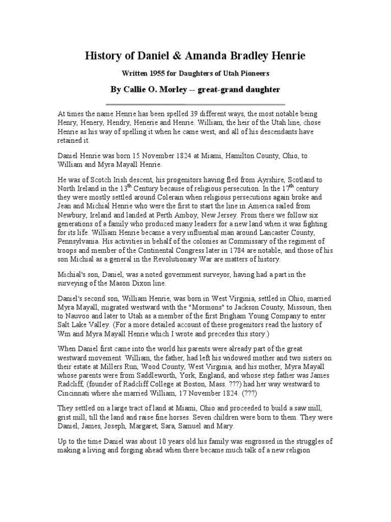 History of Daniel & Amanda Bradley Henrie: by Callie O. Morley - Great ...
