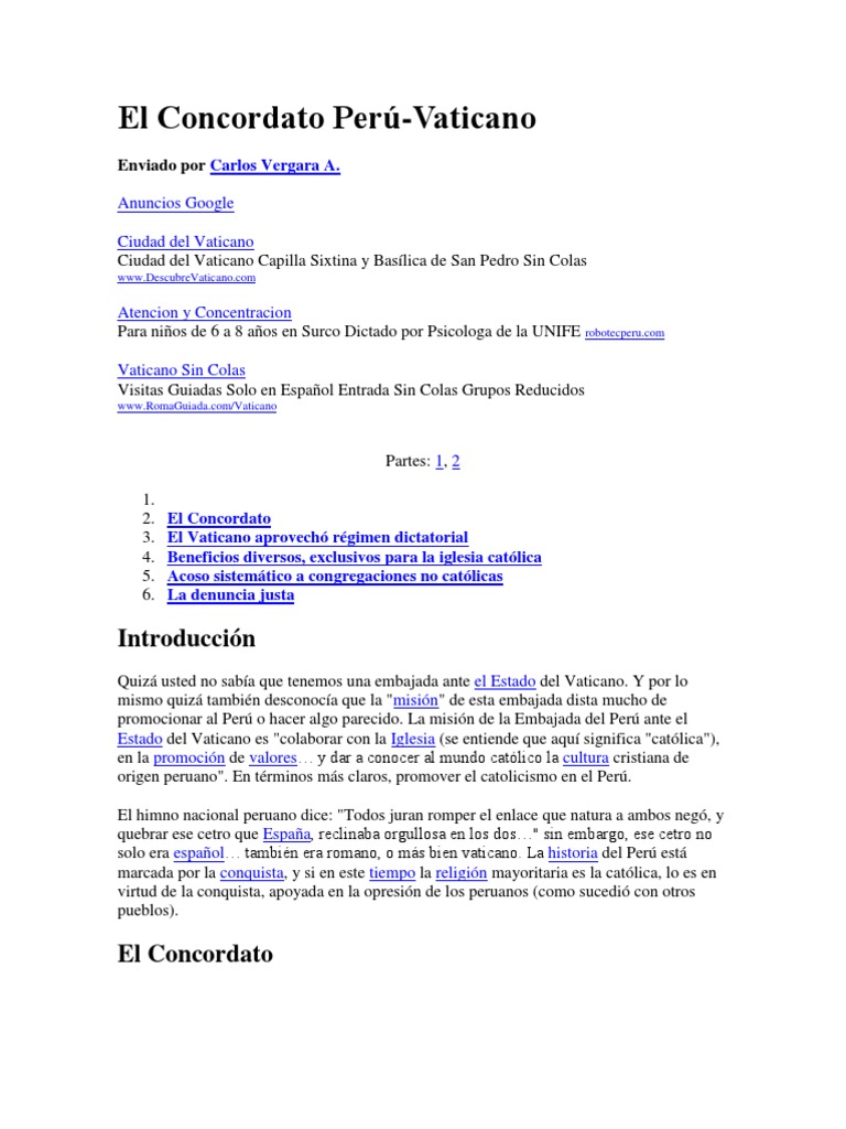 El Concordato Perú | PDF | Iglesia Católica | Libertad de religión