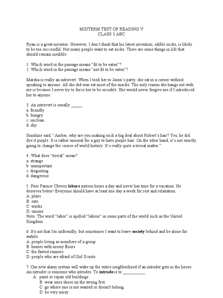 Midterm Reading Test for Class 3 ABC | PDF | George W. Bush | American ...