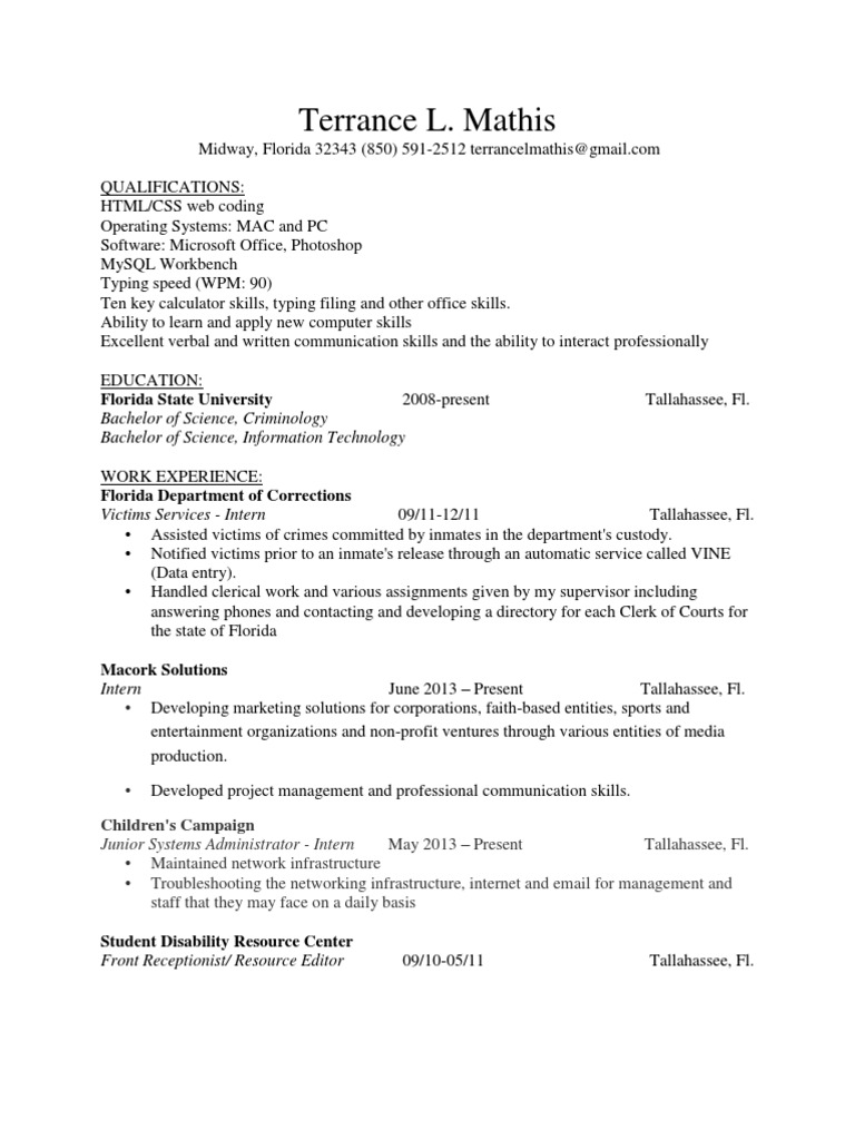 Terrance L. Mathis: Florida State University | PDF | Internship | Job ...